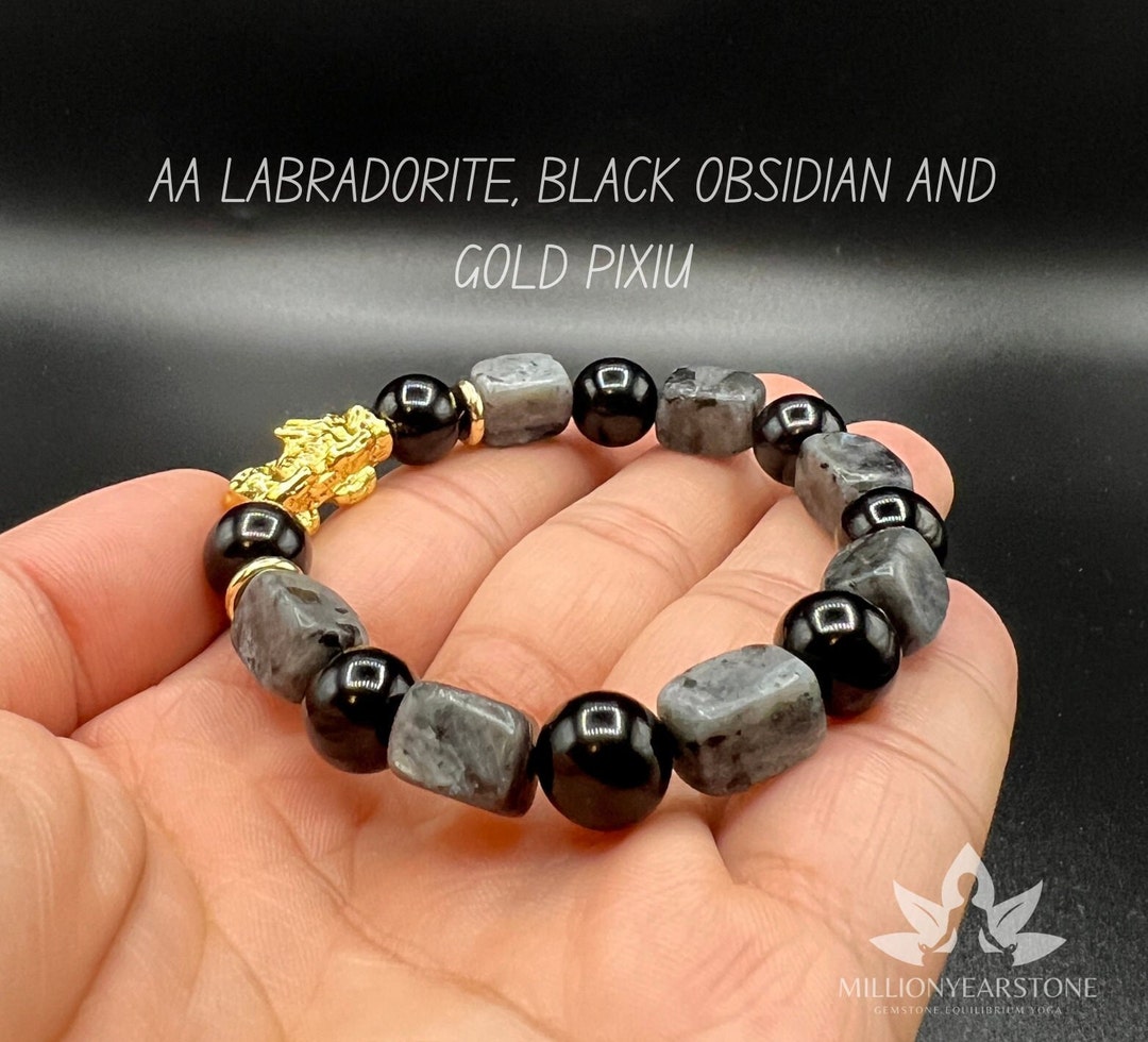Real Pixiu Bracelet Natural Labradorite, Black Obsidian, and 24k Gold ...