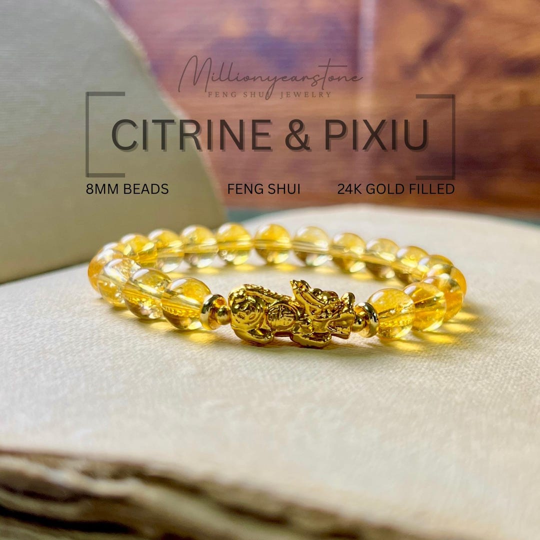8mm Natural Citrine Pixiu Bracelet: 24k Gold Filled Charm, Feng Shui ...
