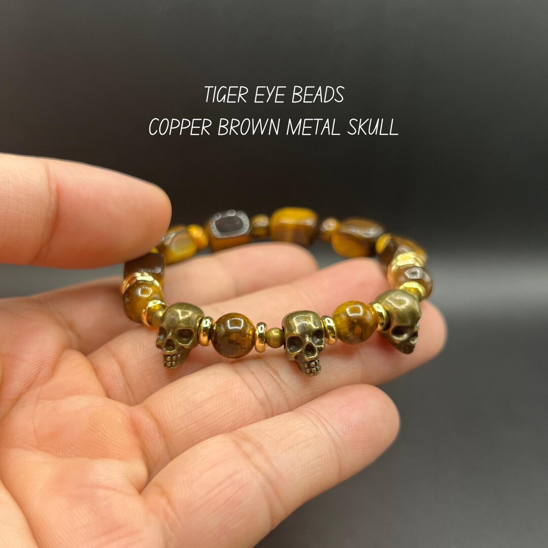 Tiger Eye Skull Charm Bracelet With Round and Square Beads, Handmade ...