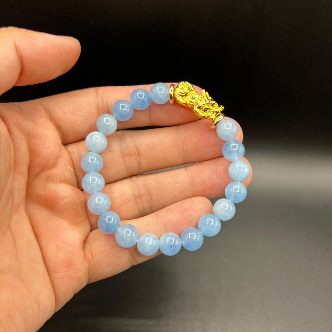 Feng Shui Pixiu Bracelet - 8mm Blue Chalcedony Beads - 24k Gold-plated ...