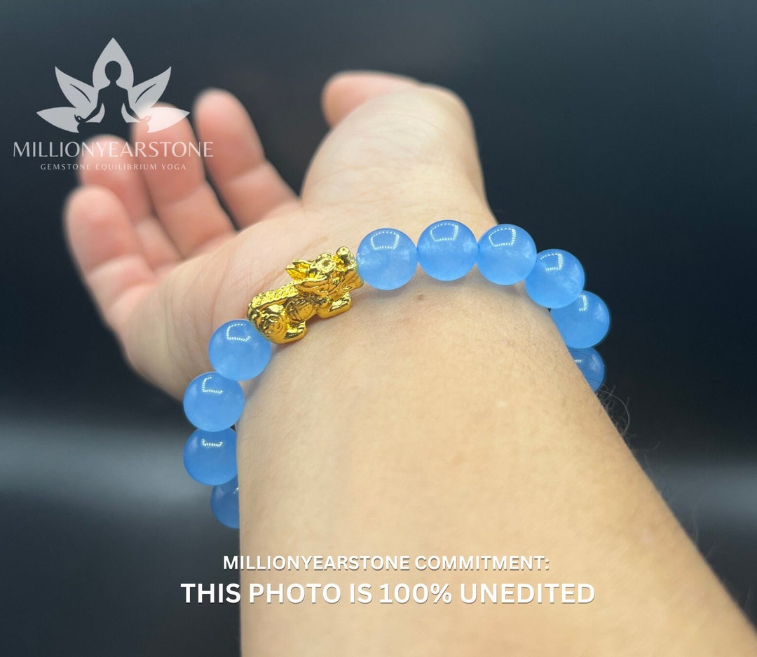 Real Pixiu Bracelet| Natural Blue Chalcedony Crystal 10mm and 24k Gold ...