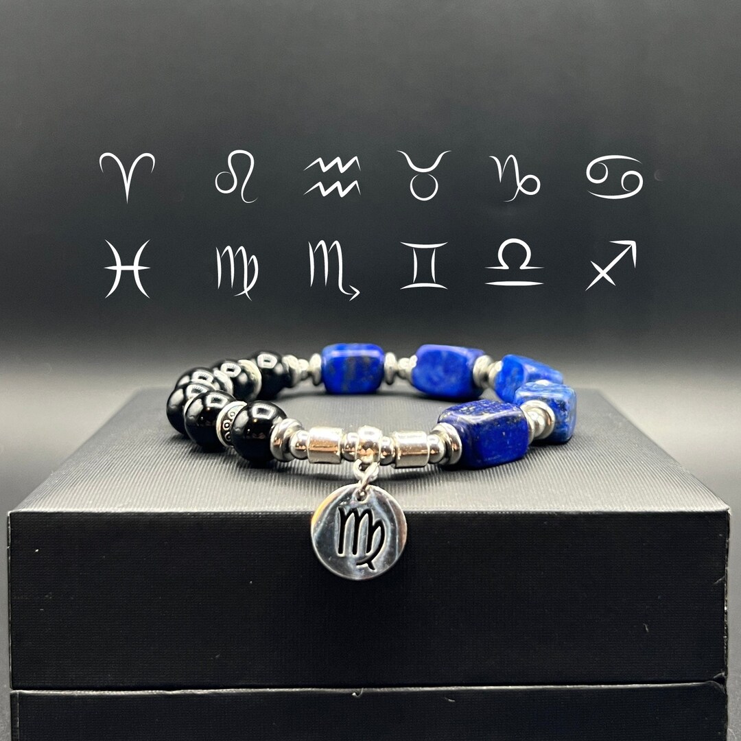 12 Zodiac Sign Bracelets Natural Lapis Lazuli and Black Obsidian ...