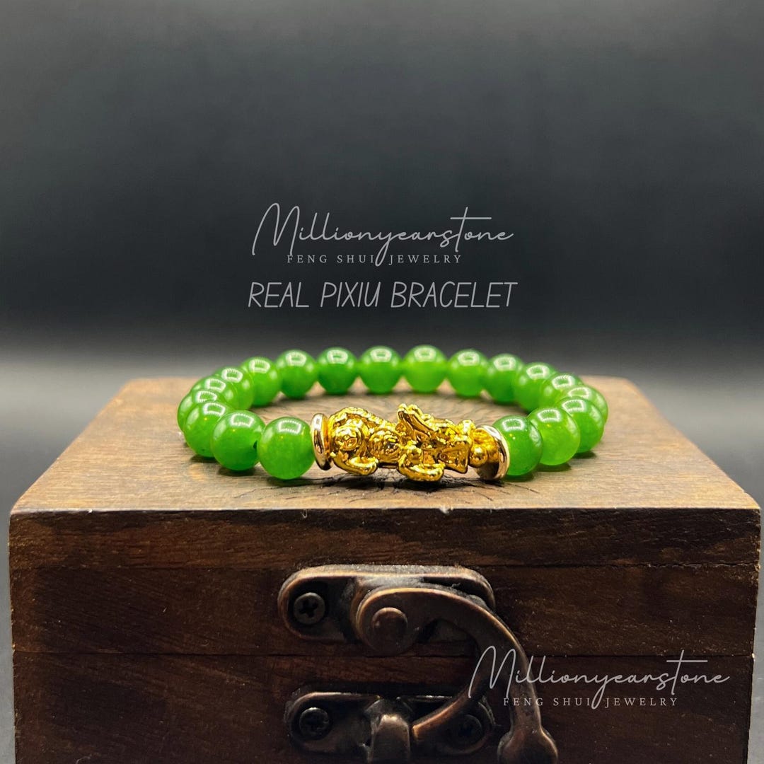 Natural Green Jade Bead Bracelet With 24k Gold Pixiu | Vietnamese Feng ...