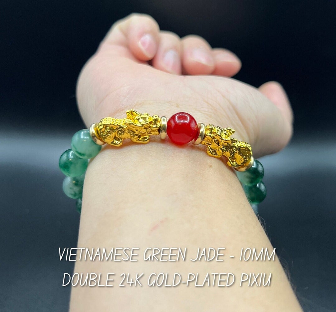 Vietnamese Green Jade Pixiu Bracelet: 10mm Beads, Double 24k Gold ...