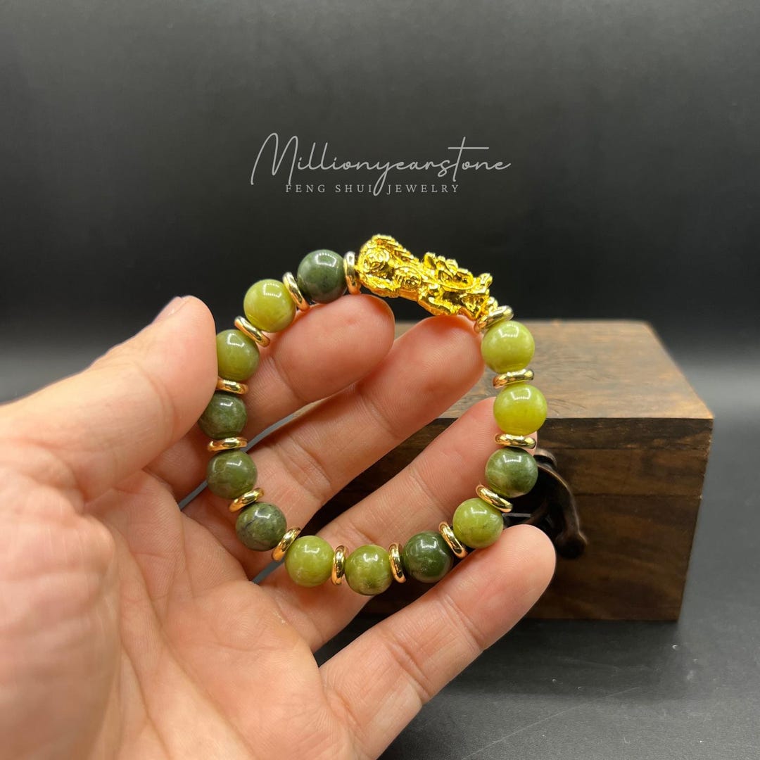 Natural Indonesian Green Jade Bracelet With 24k Gold Pixiu and 18k ...