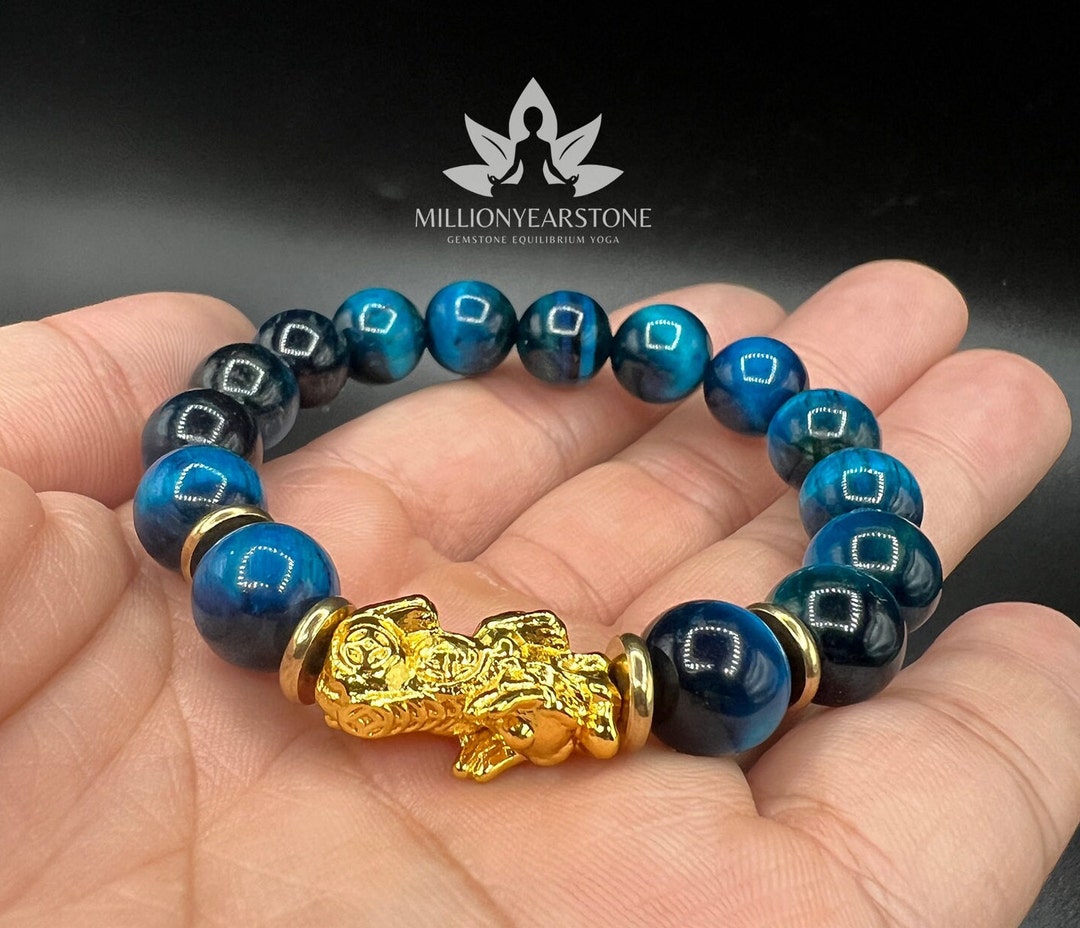 Natural BLUE TIGER EYE 10mm and 24k Gold-plated Pixiu Bracelet ...