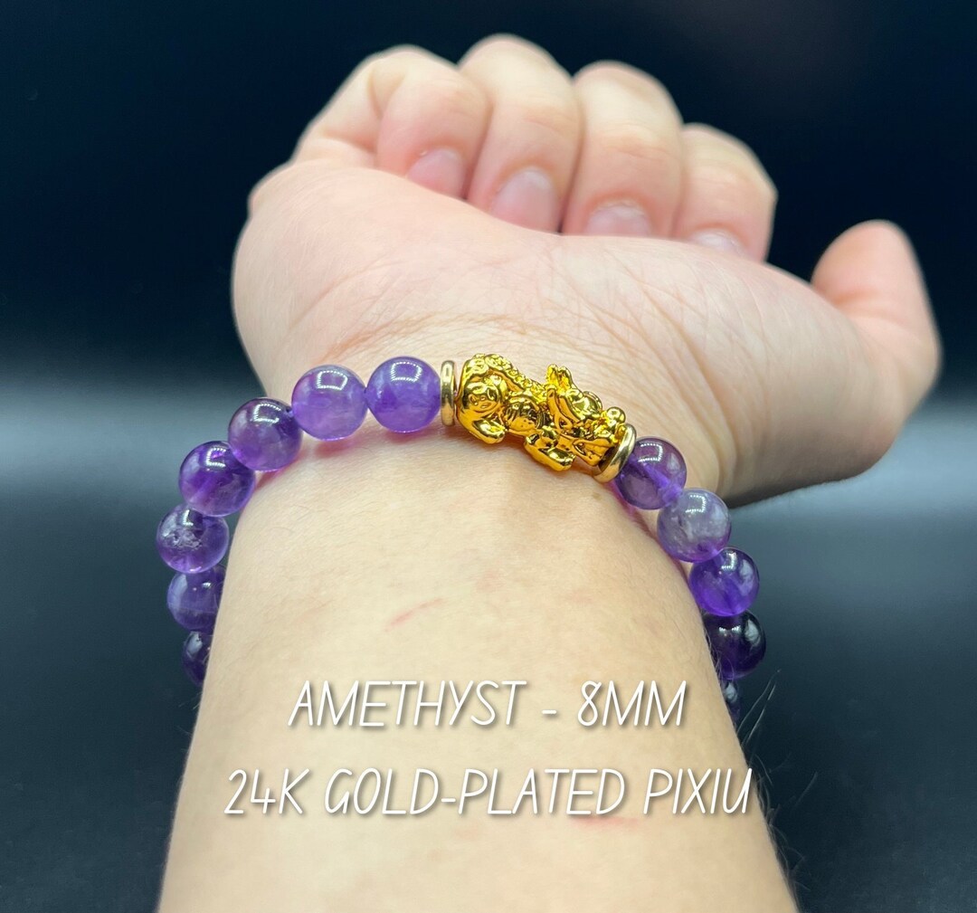 Amethyst Beaded Bracelet: 24k Gold-filled Pixiu Charm, Spiritual Wealth ...
