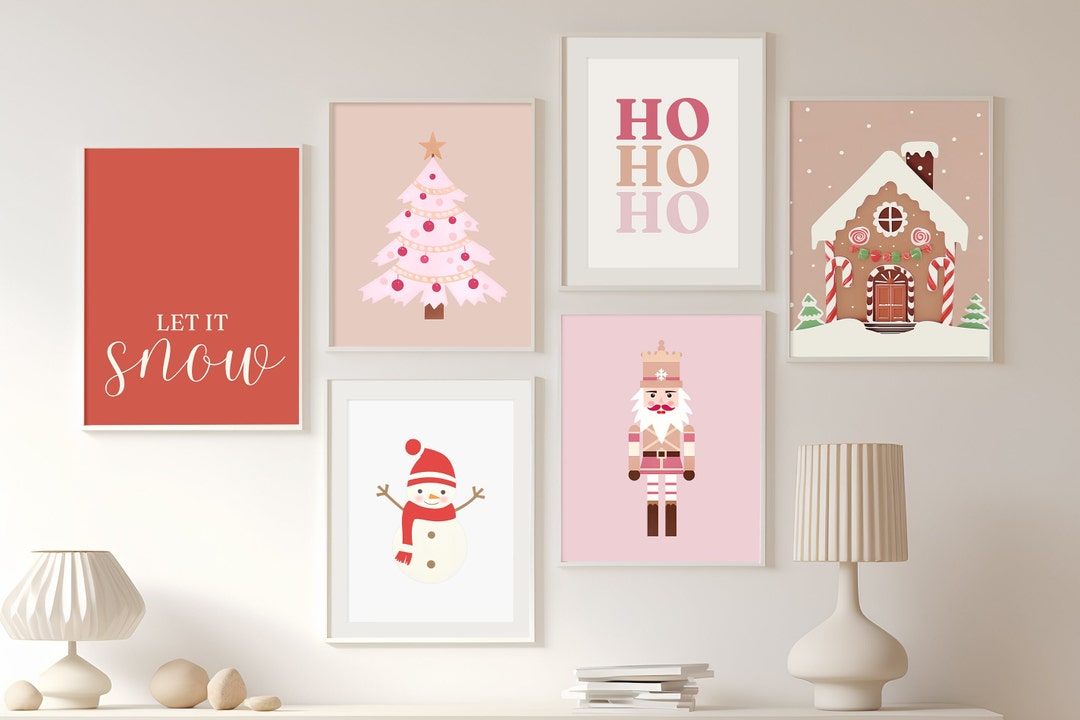 Set of 6 Christmas Prints, Winter Prints Bundle, Pink Christmas ...