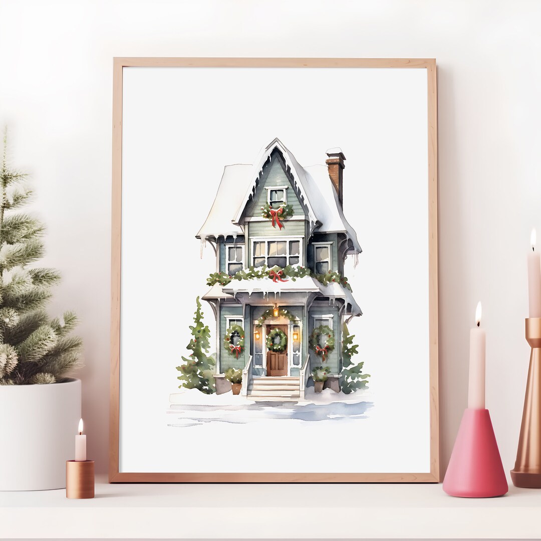 Christmas House Print, Watercolor Christmas Poster, Holiday Printable ...
