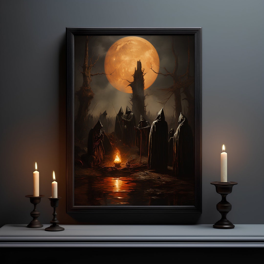 Full Moon Rite Oil Painting, Dark Art Print, Gothic Wall Art, Moon Art ...