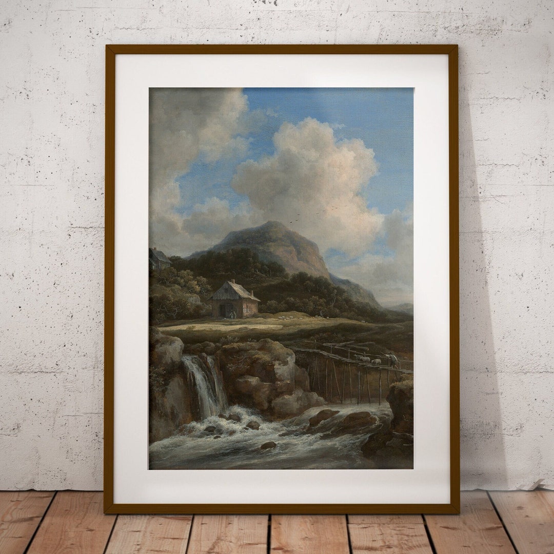 Landscape Oil Painting, Old Cabin Waterfall Print, Cottagecore Print ...