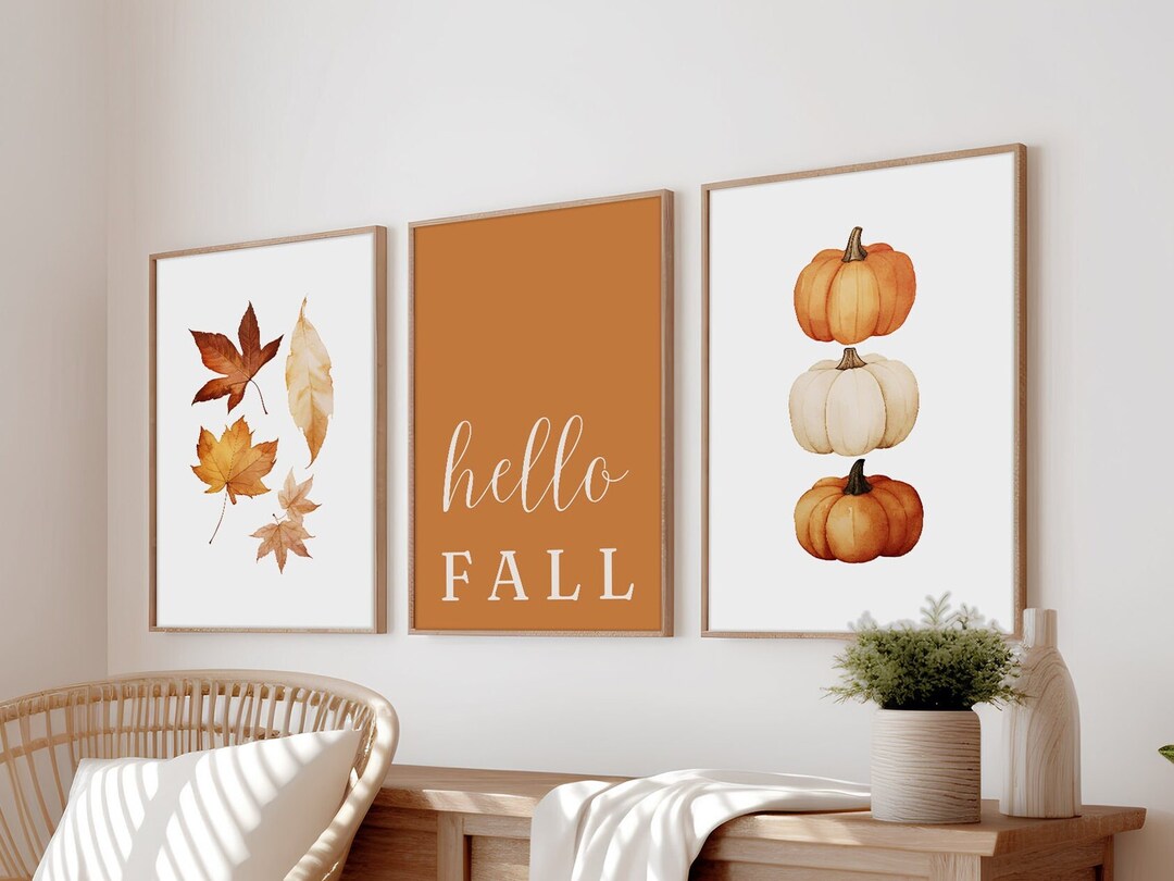 Orange Hello Fall Set of 3 Printable Wall Art, Autumn Leaves Print ...