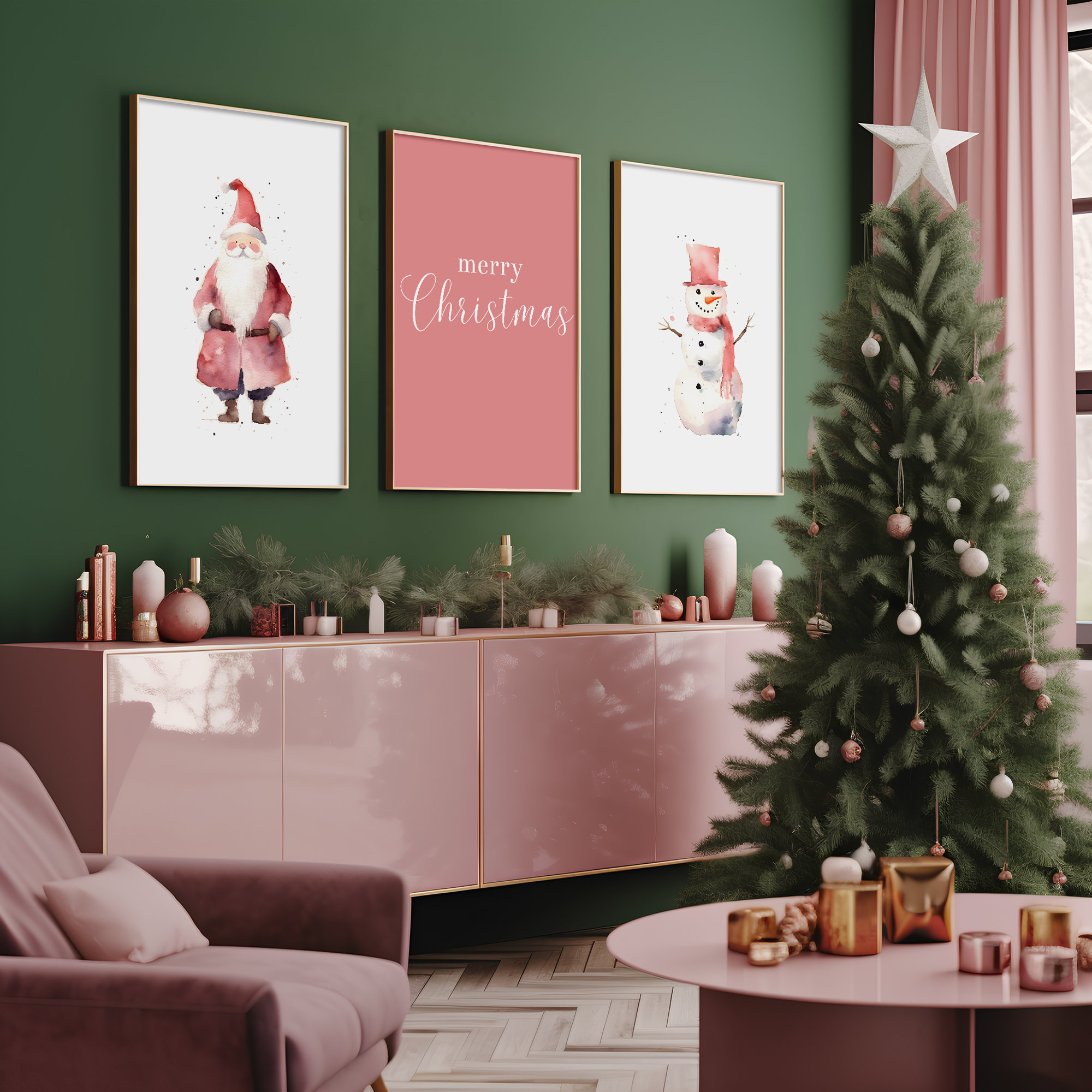 Set of 6 Pink Watercolor Christmas Prints Pink Winter Prints - Etsy