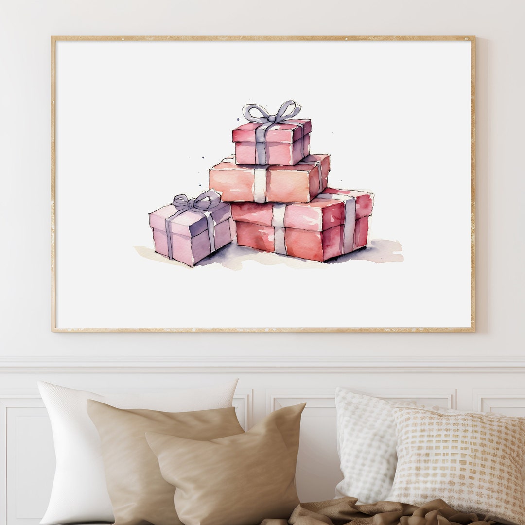 Pink Watercolor Christmas Print, Presents Printable Wall Art, Pink ...