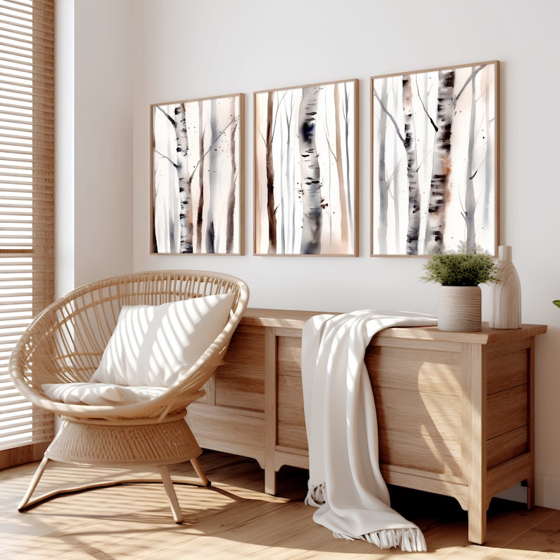 Set of 3 Prints Birch Tree Watercolor Prints, Printable Birch Tree Wall ...