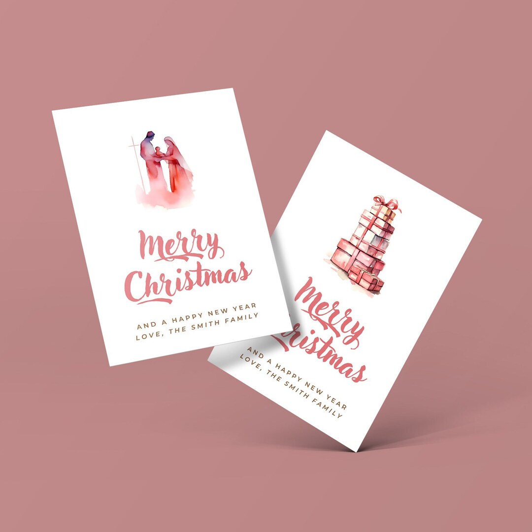 Set of 2 Personalized Christmas Cards, Digital Christmas Cards, Pink ...