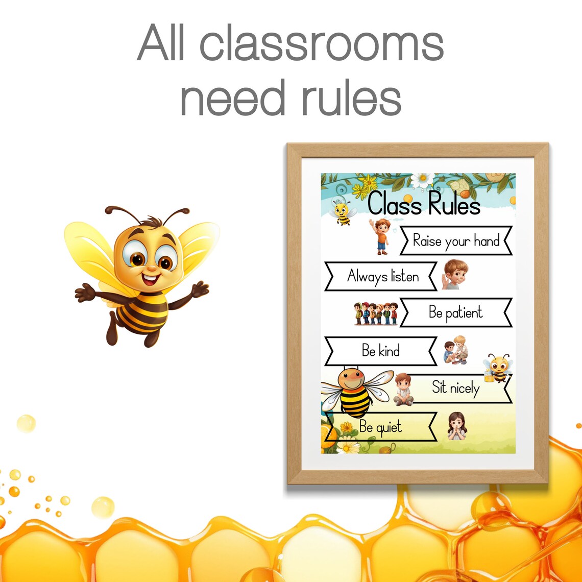 Bee Themed Classroom Rules Posters Printable - Class Rules for ...