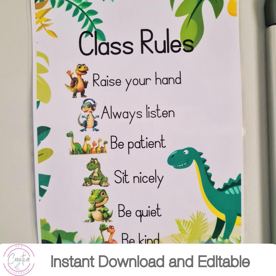 Dinosaur-themed Classroom Rules Posters Printable - Class Rules for ...