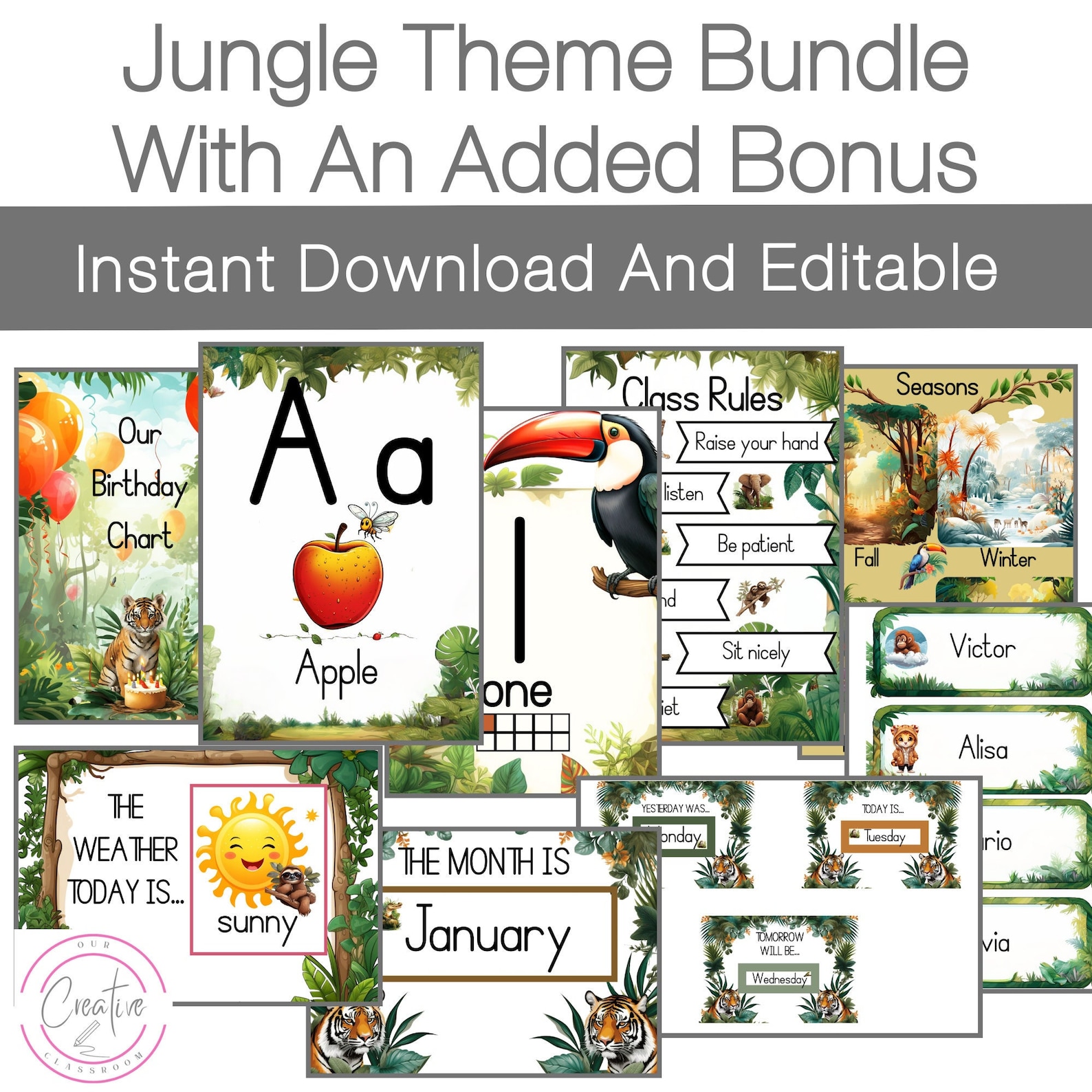 Jungle Theme Classroom Decor Bundle Printables - Includes 15 Amazing ...