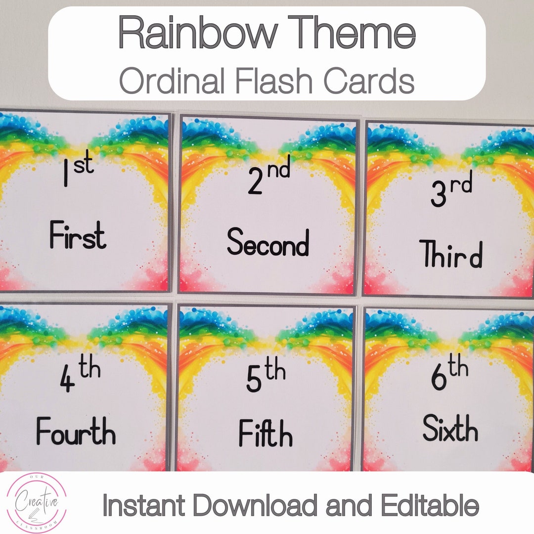 Rainbow-themed Classroom| Ordinal Numbers Poster | Editable Flashcards ...