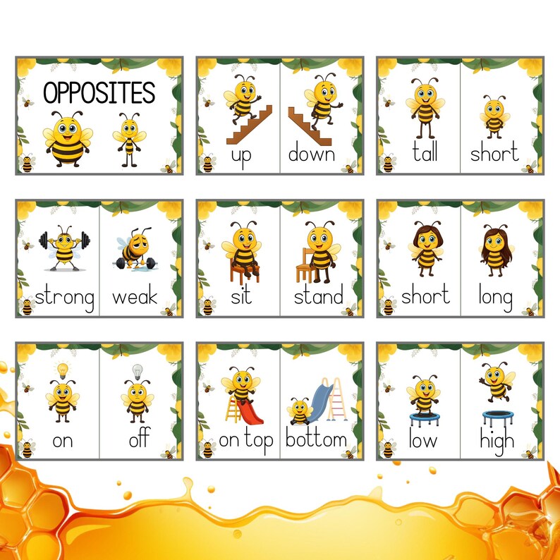 Bee Theme Classroom | Opposite Flashcards | Learning Antonyms ...