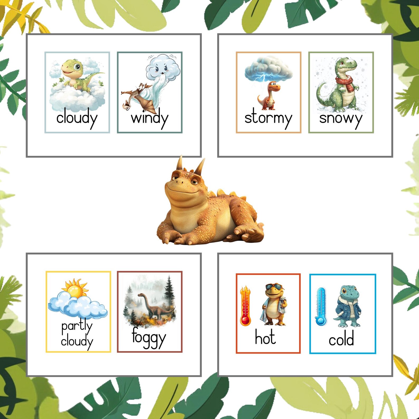 Dinosaur-themed Classroom Kids Weather Chart Printable - All Seasons ...