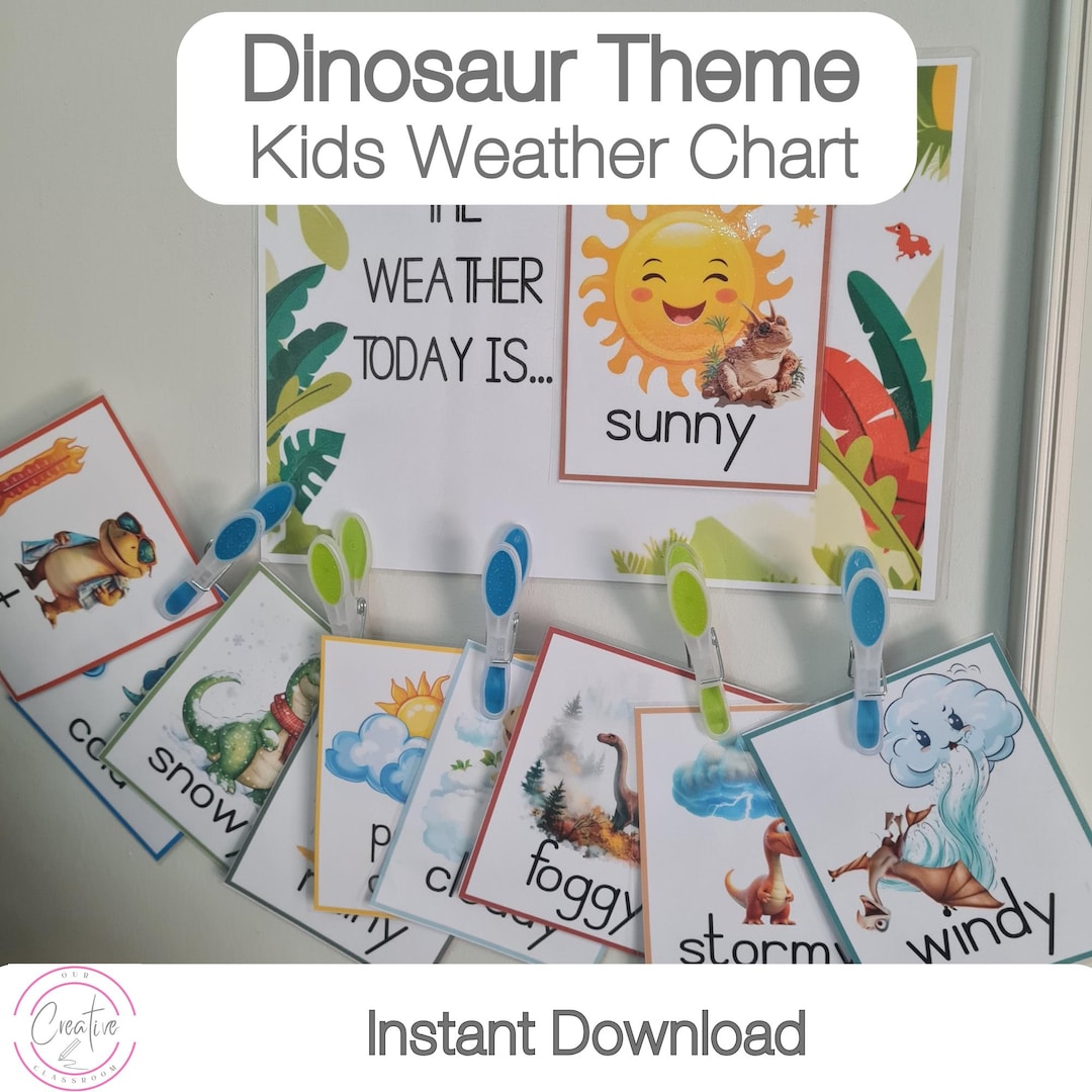 Dinosaur-themed Classroom Kids Weather Chart Printable - All Seasons ...