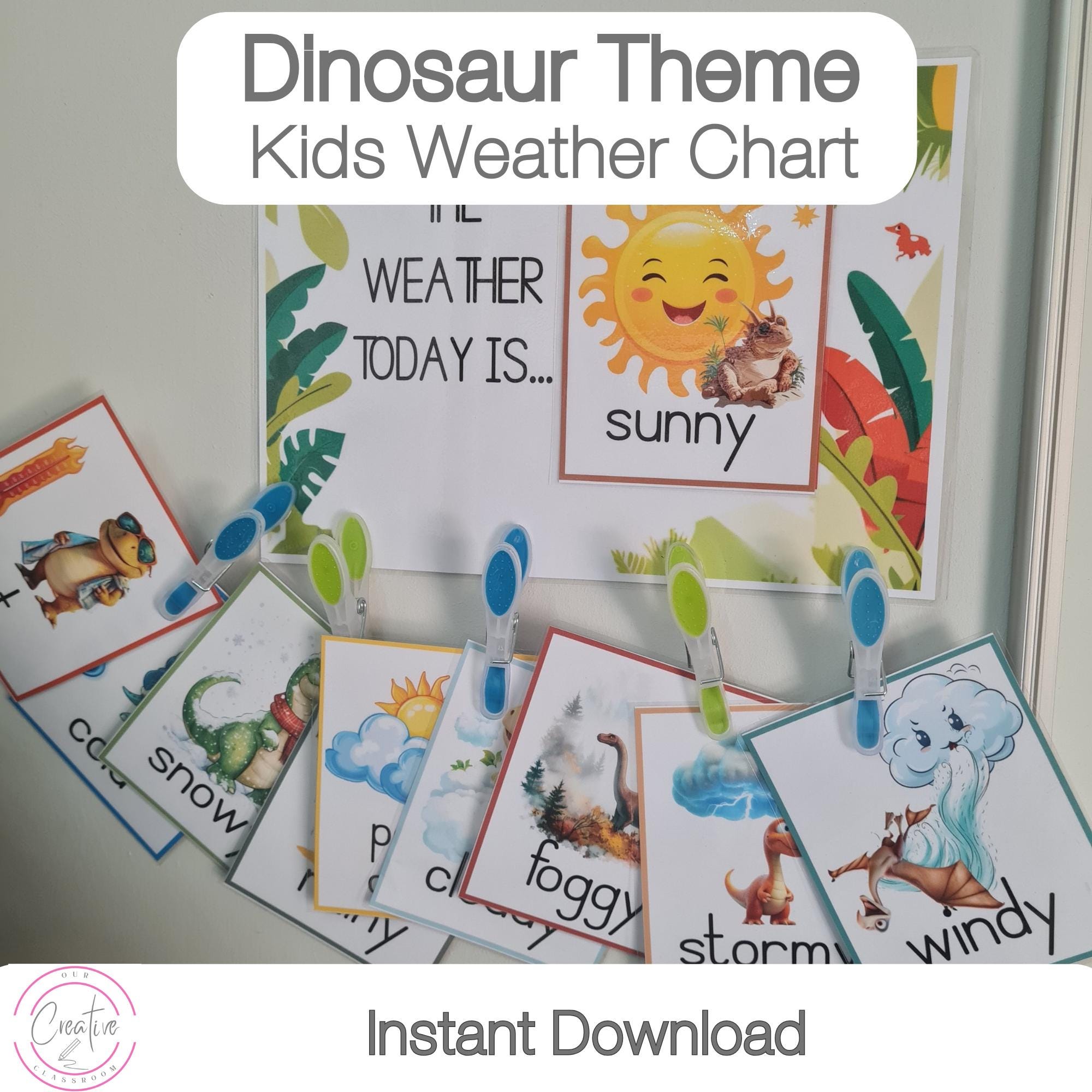 Dinosaur-themed Classroom Kids Weather Chart Printable - All Seasons ...