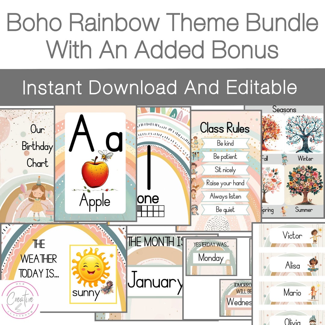 Boho Rainbow Themed Classroom Decor Bundle Printables - 15 Amazing Boho ...