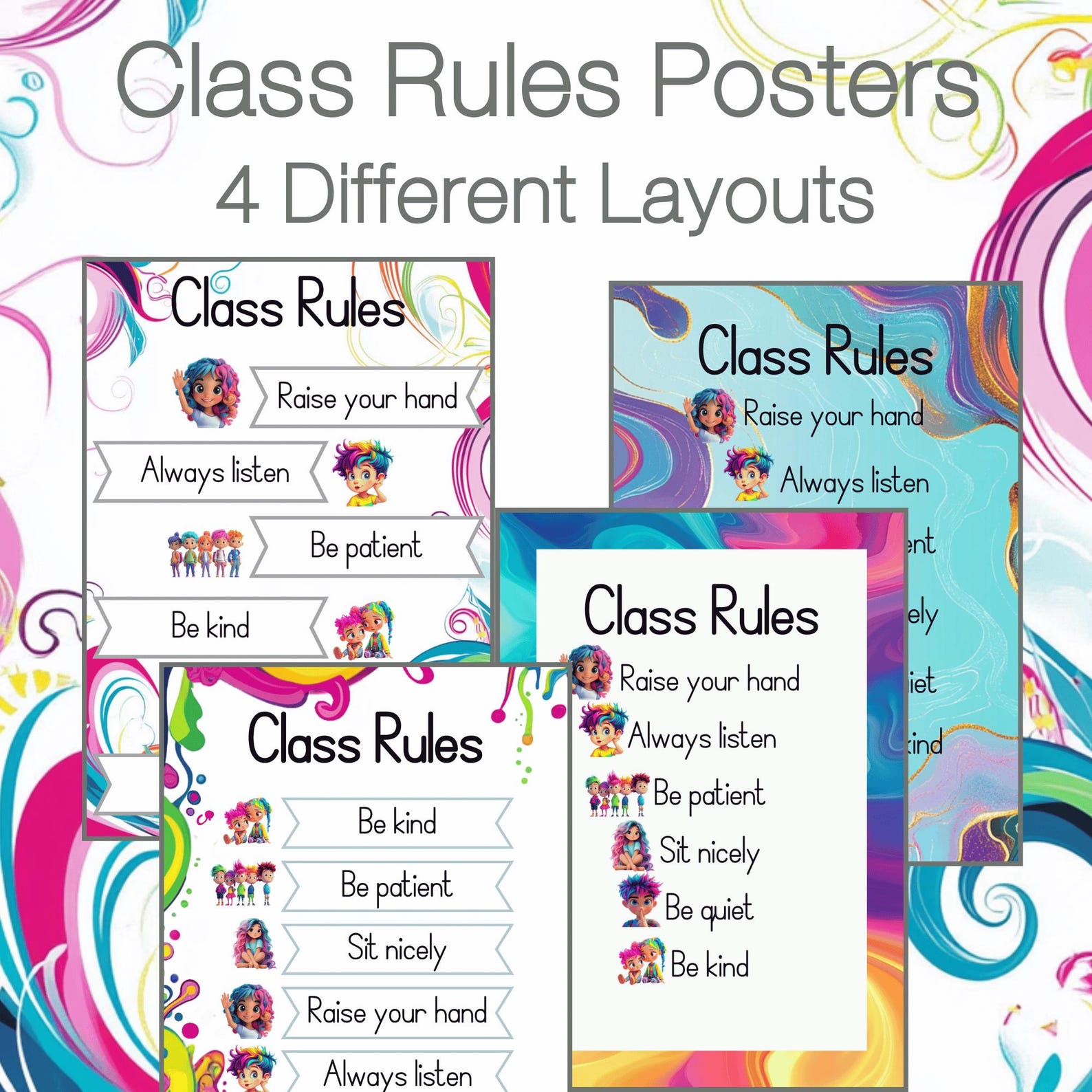 Colorful Classroom Theme Rules Posters Printable - Class Rules Posters ...