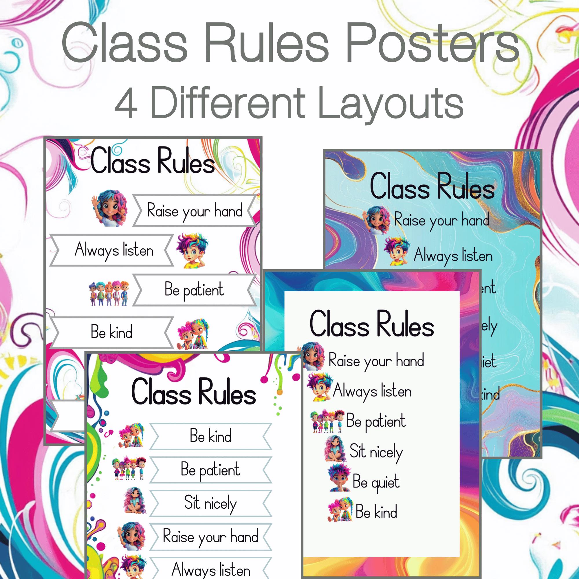 Colorful Classroom Theme Rules Posters Printable - Class Rules Posters ...