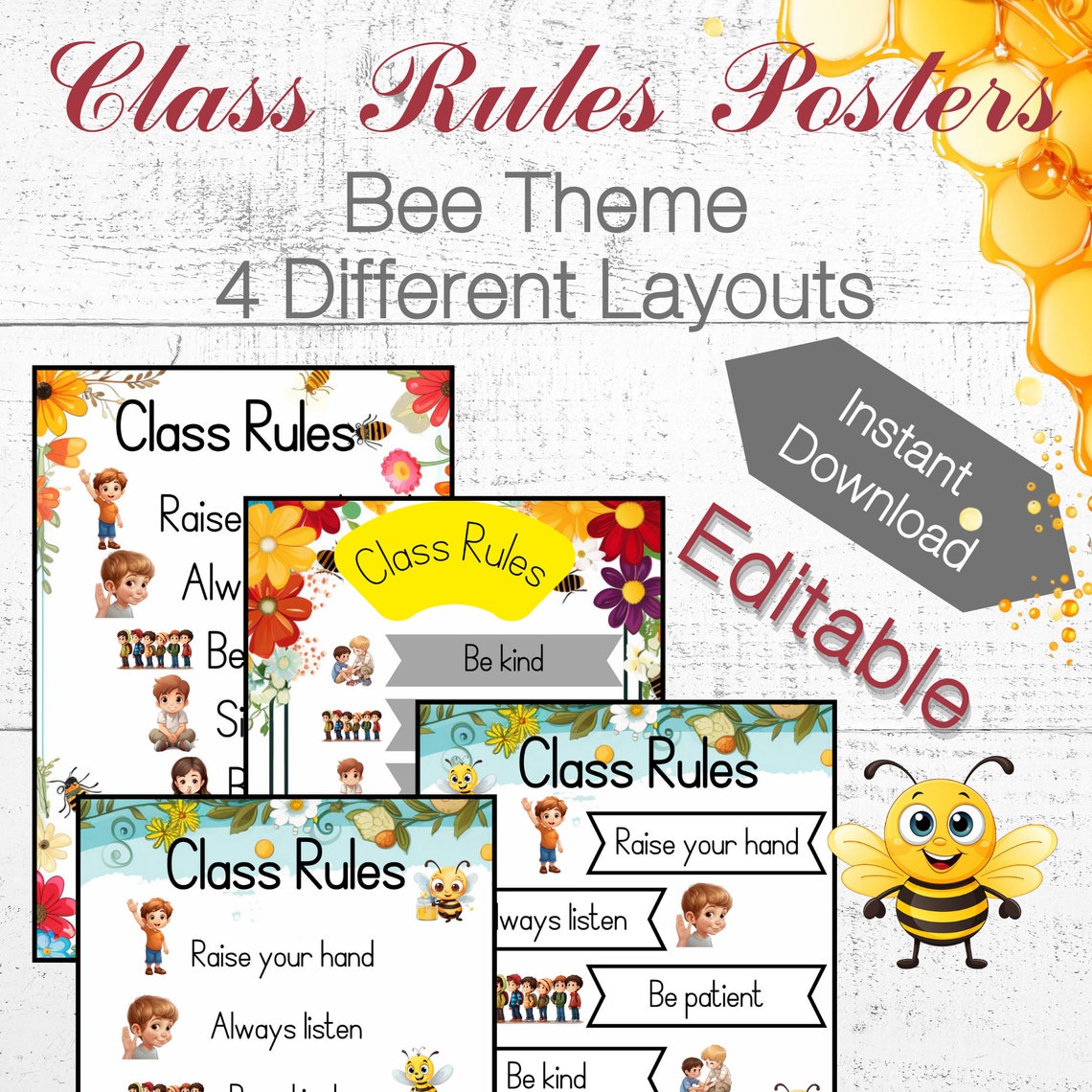 Bee Themed Classroom Rules Posters Printable Class Rules for ...