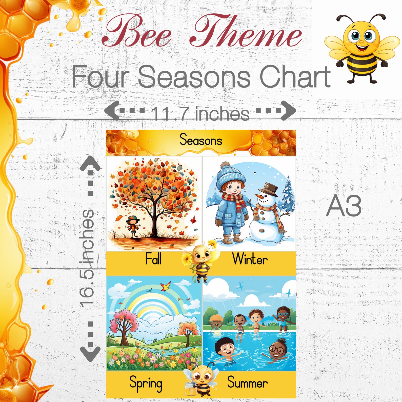 Bee Themed Classroom Kids Weather Chart Printable All Seasons Posters ...