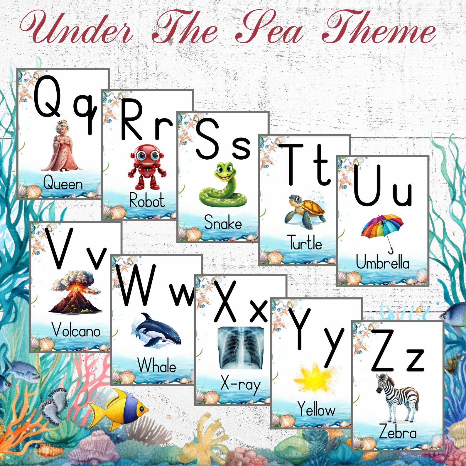 Under the Sea Classroom Theme Alphabet Flash Cards PDF Printable Number ...