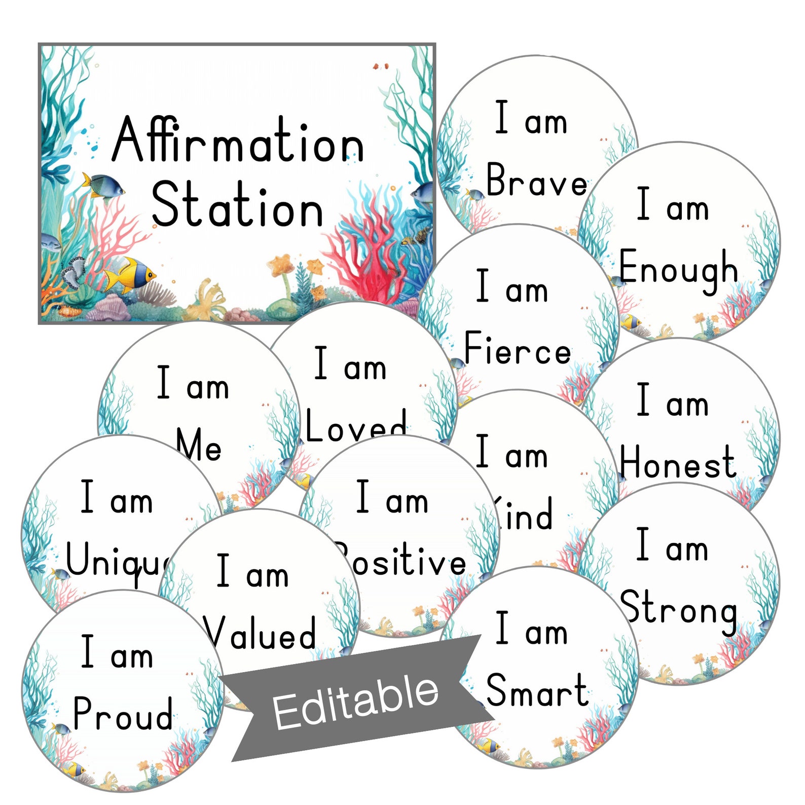 UNDER THE SEA Theme Affirmation Station and Feelings Chart | Positive ...