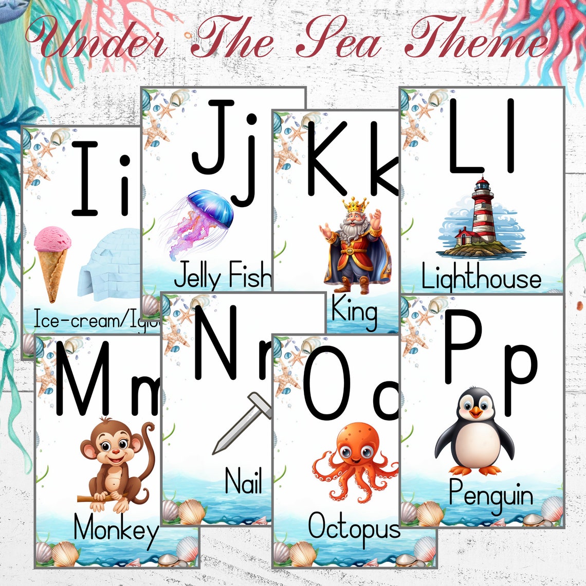 Under the Sea Classroom Theme Alphabet Flash Cards PDF Printable Number ...
