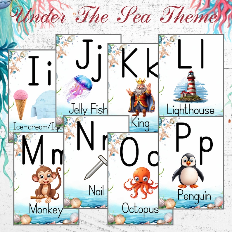 Under the Sea Classroom Theme Alphabet Flash Cards PDF Printable Number ...