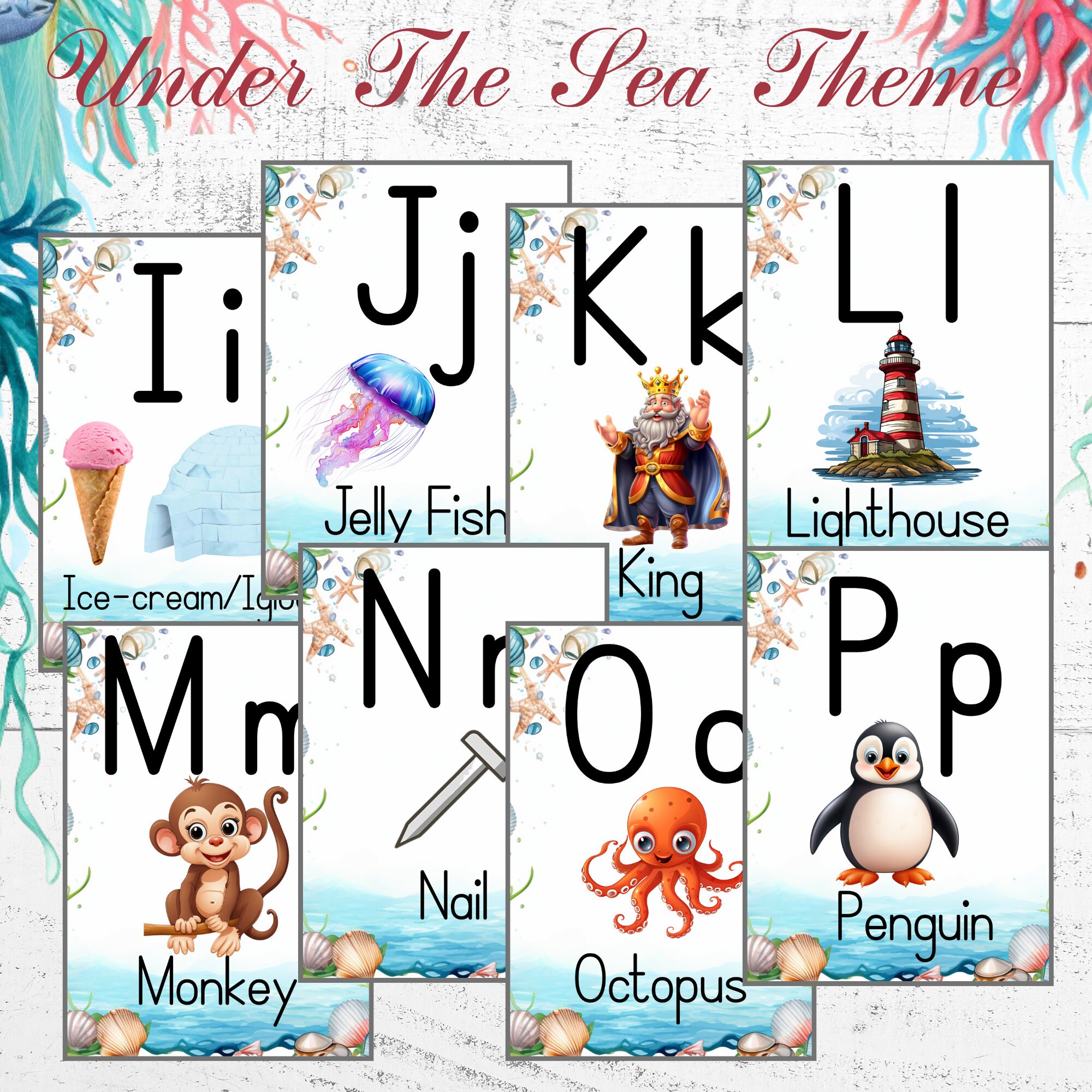 Under the Sea Classroom Theme Alphabet Flash Cards PDF Printable Number ...