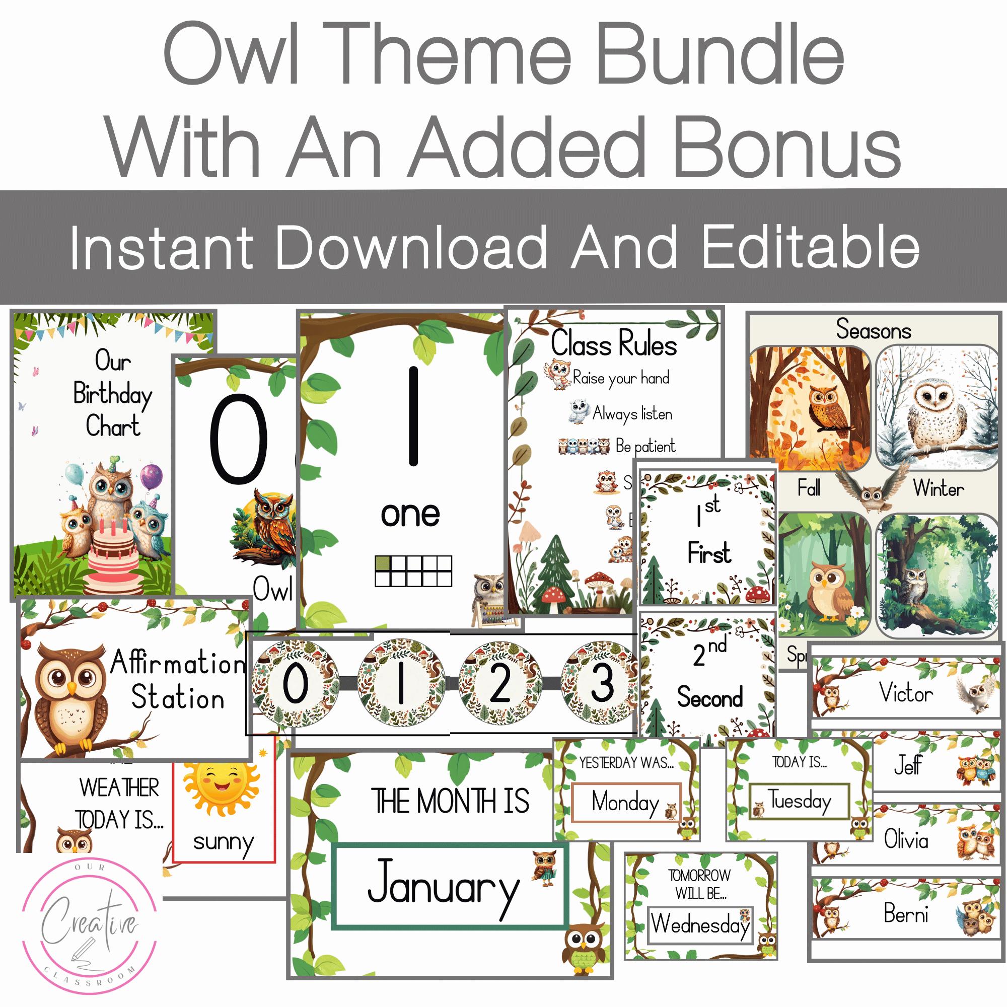 Owl Theme Classroom Decor Bundle Printables - Includes 15 Amazing Owl ...