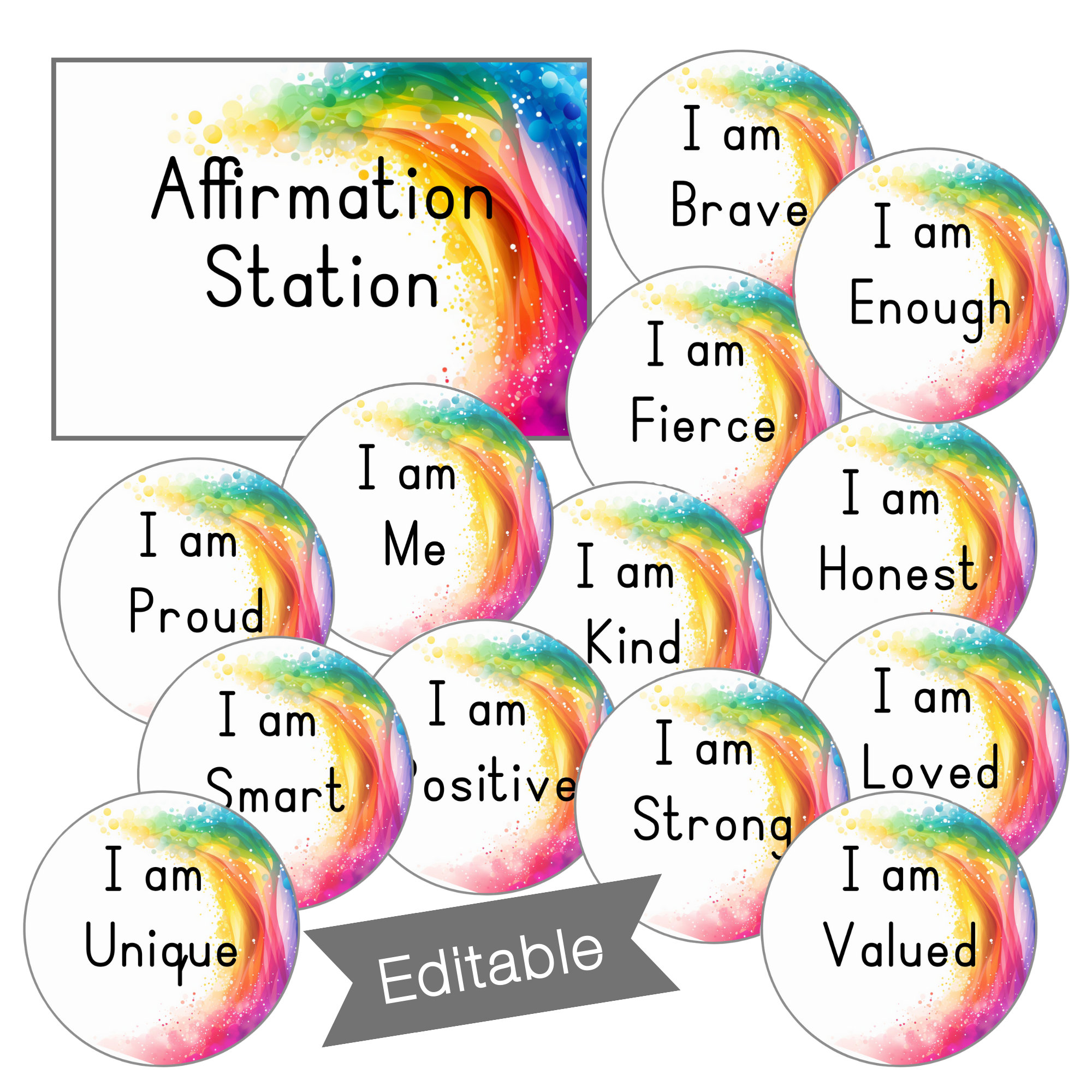 Rainbow Theme Class Affirmation Station and Feelings Chart | Editable ...