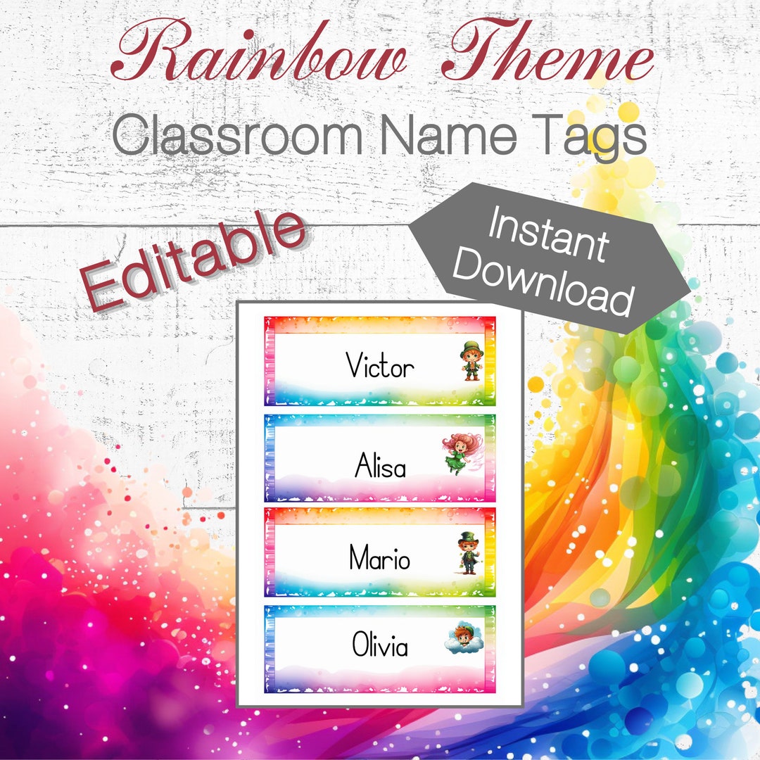 Rainbow Themed Classroom Name Tags Printable Name Tags for Kindergarten ...
