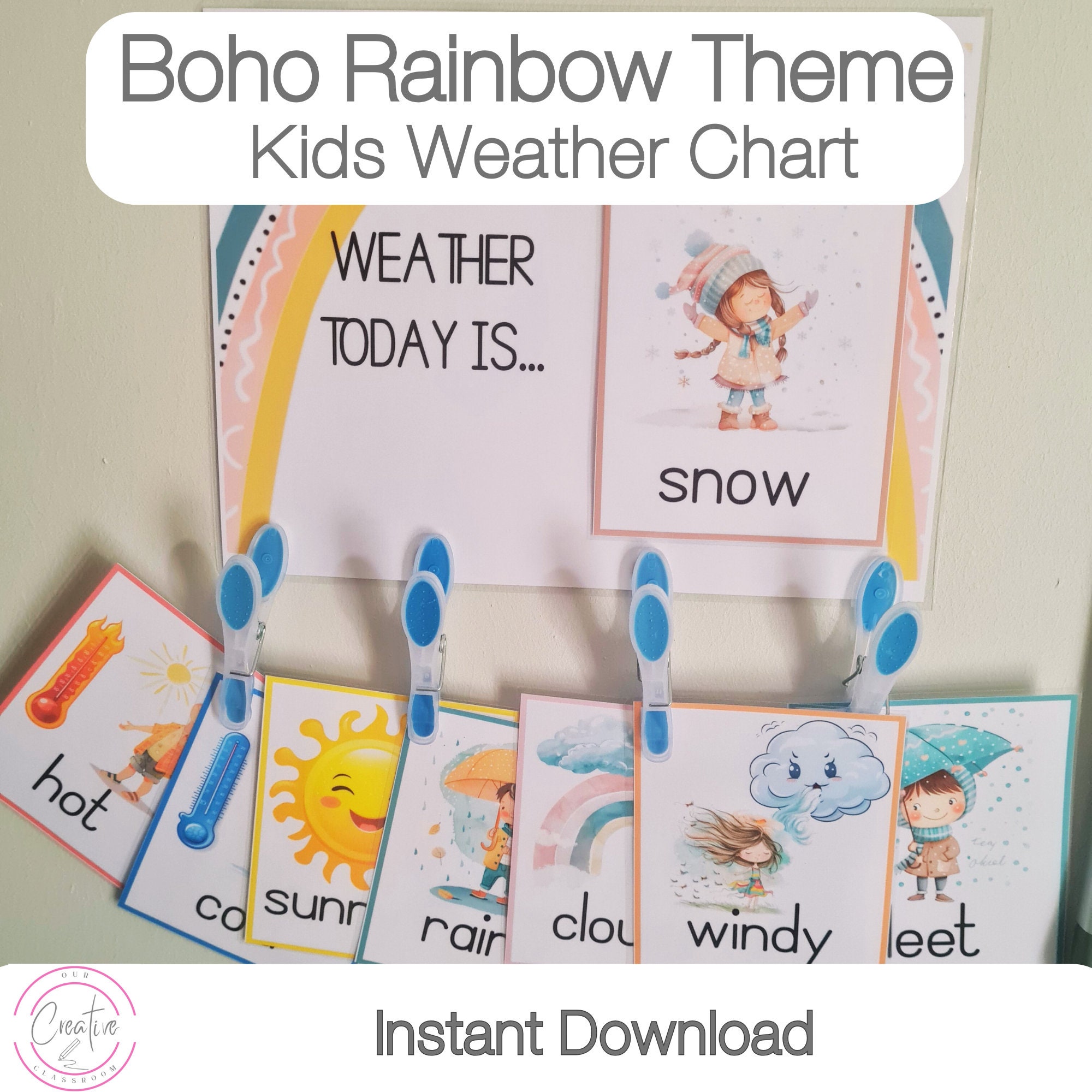 BOHO RAINBOW Classroom Weather Chart & Seasons Poster | Pastel Rainbow ...