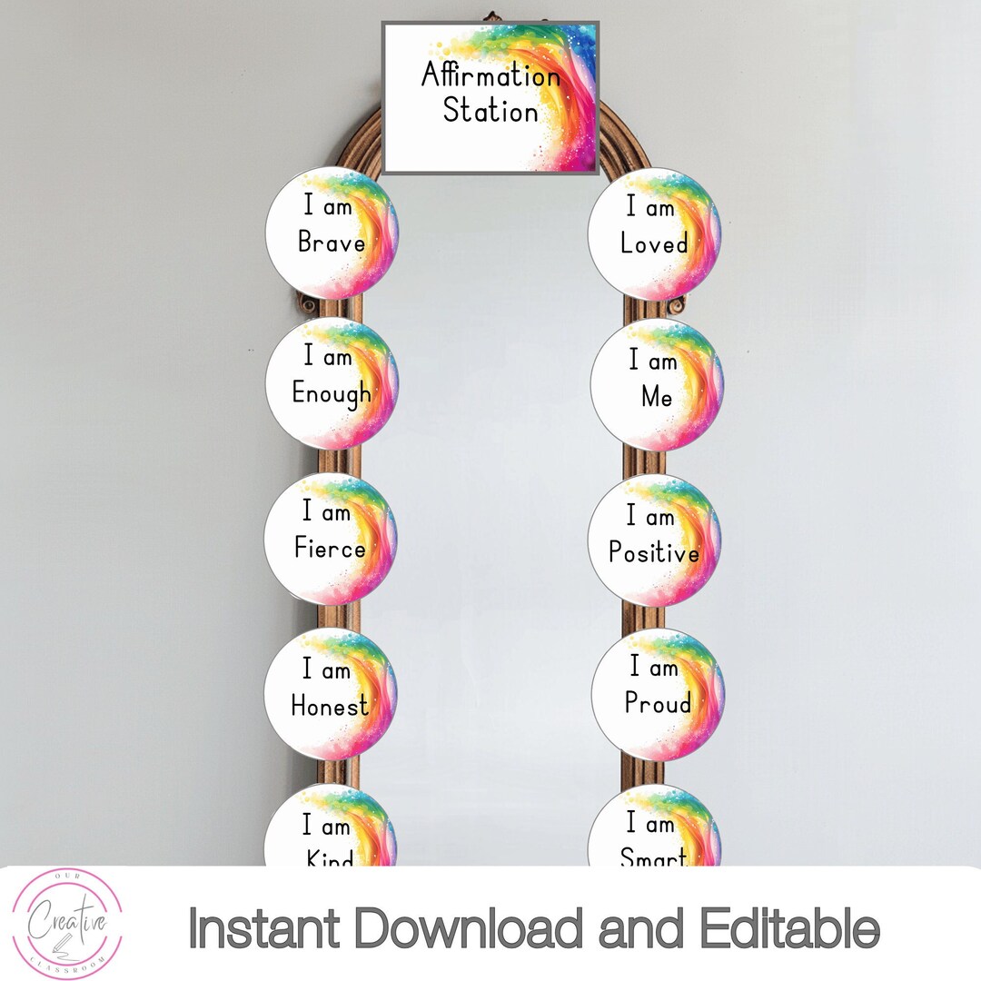 Rainbow Theme Class Affirmation Station and Feelings Chart | Editable ...