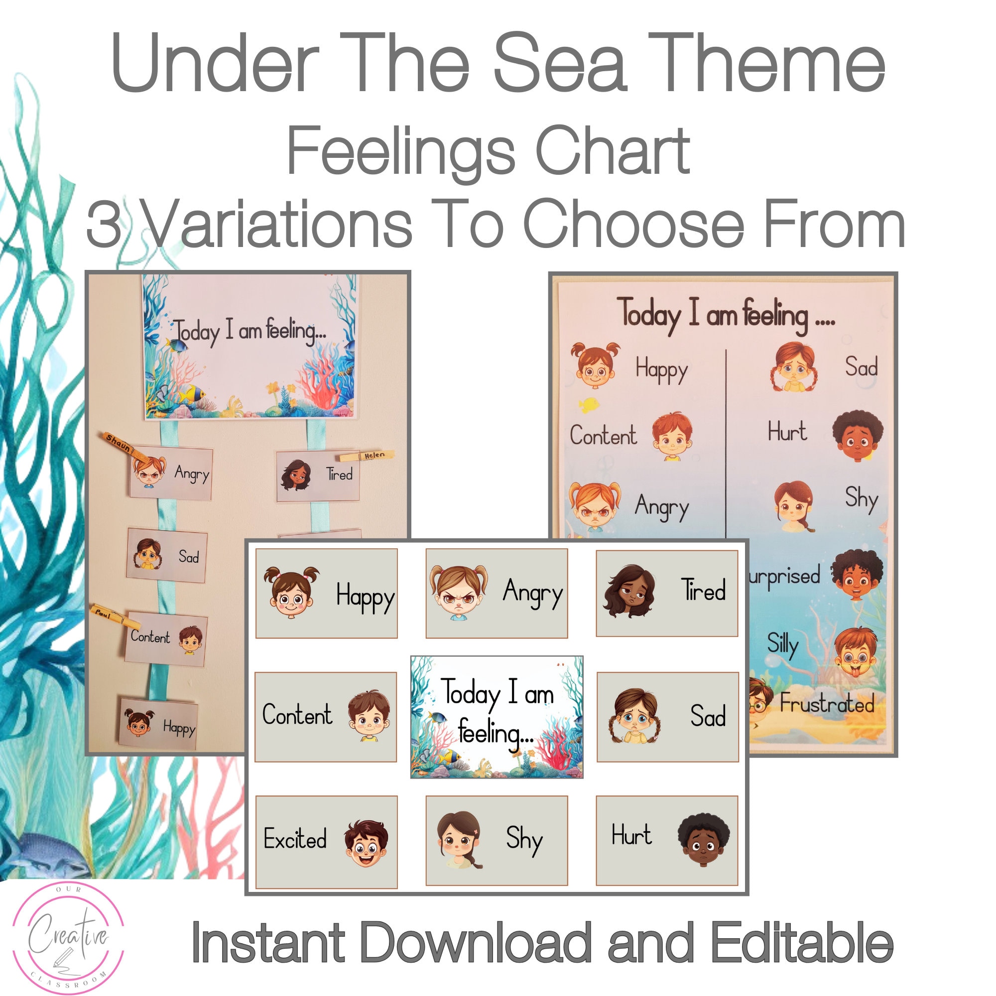 UNDER THE SEA Theme Affirmation Station and Feelings Chart | Positive ...