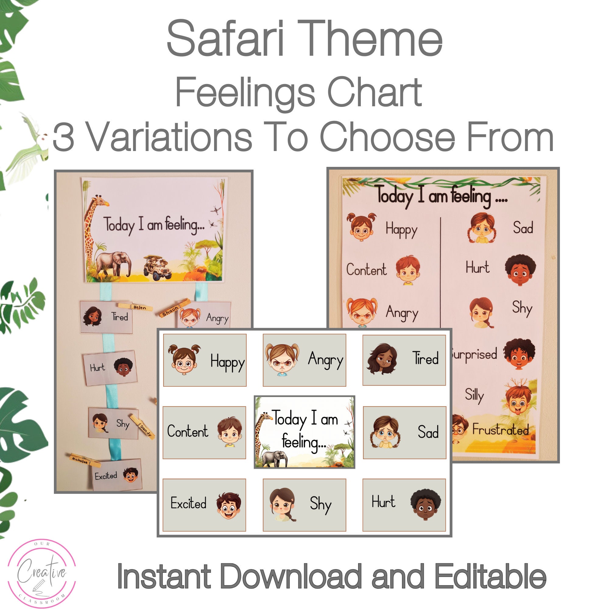 Safari Theme Classroom Affirmation Station and Feelings Chart | Class ...