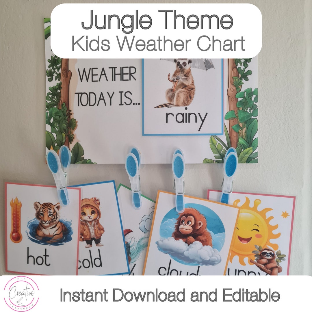 Jungle Theme Classroom Kids Weather Chart Printable All Seasons Posters ...