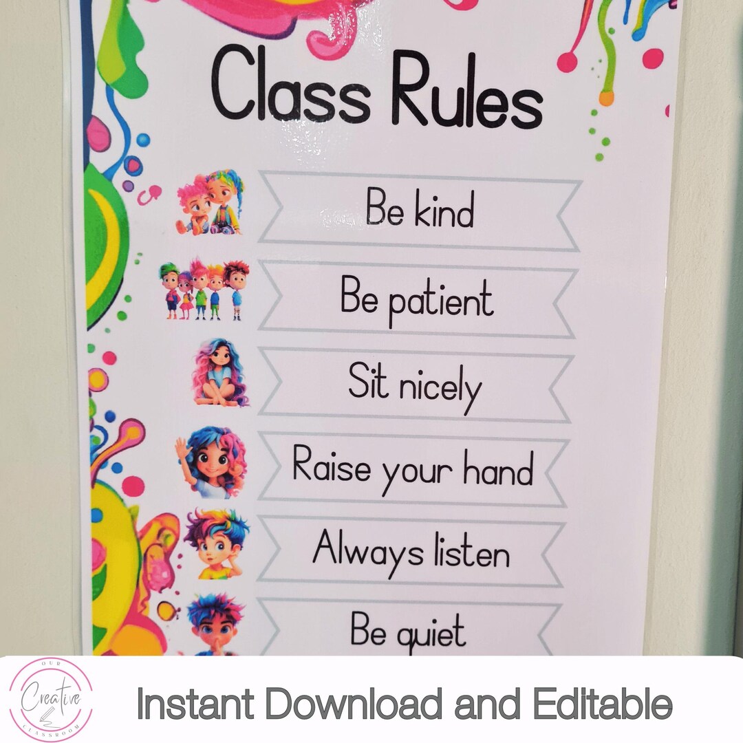 Colorful Classroom Theme Rules Posters Printable - Class Rules Posters ...