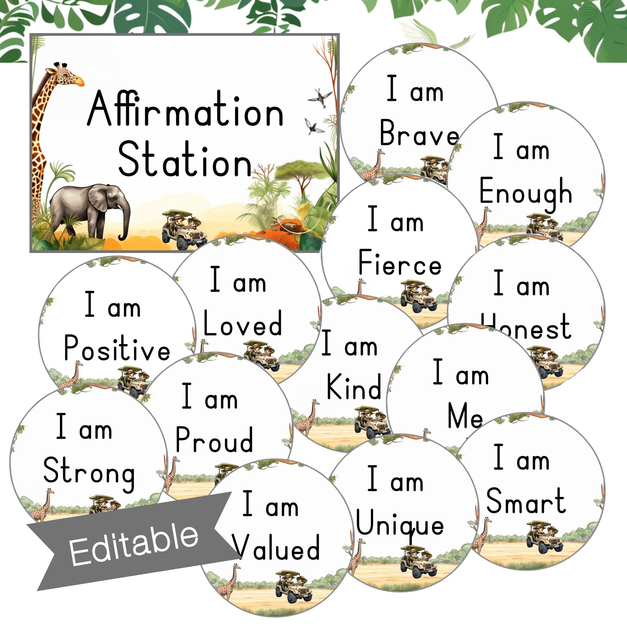 Safari Theme Classroom Affirmation Station and Feelings Chart | Class ...