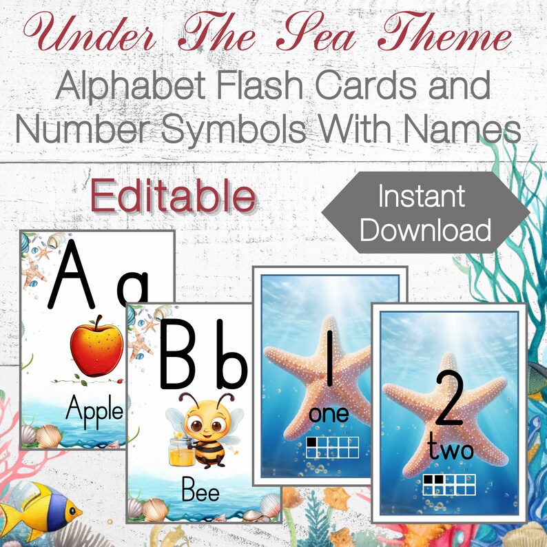 Under the Sea Classroom Theme Alphabet Flash Cards PDF Printable Number ...