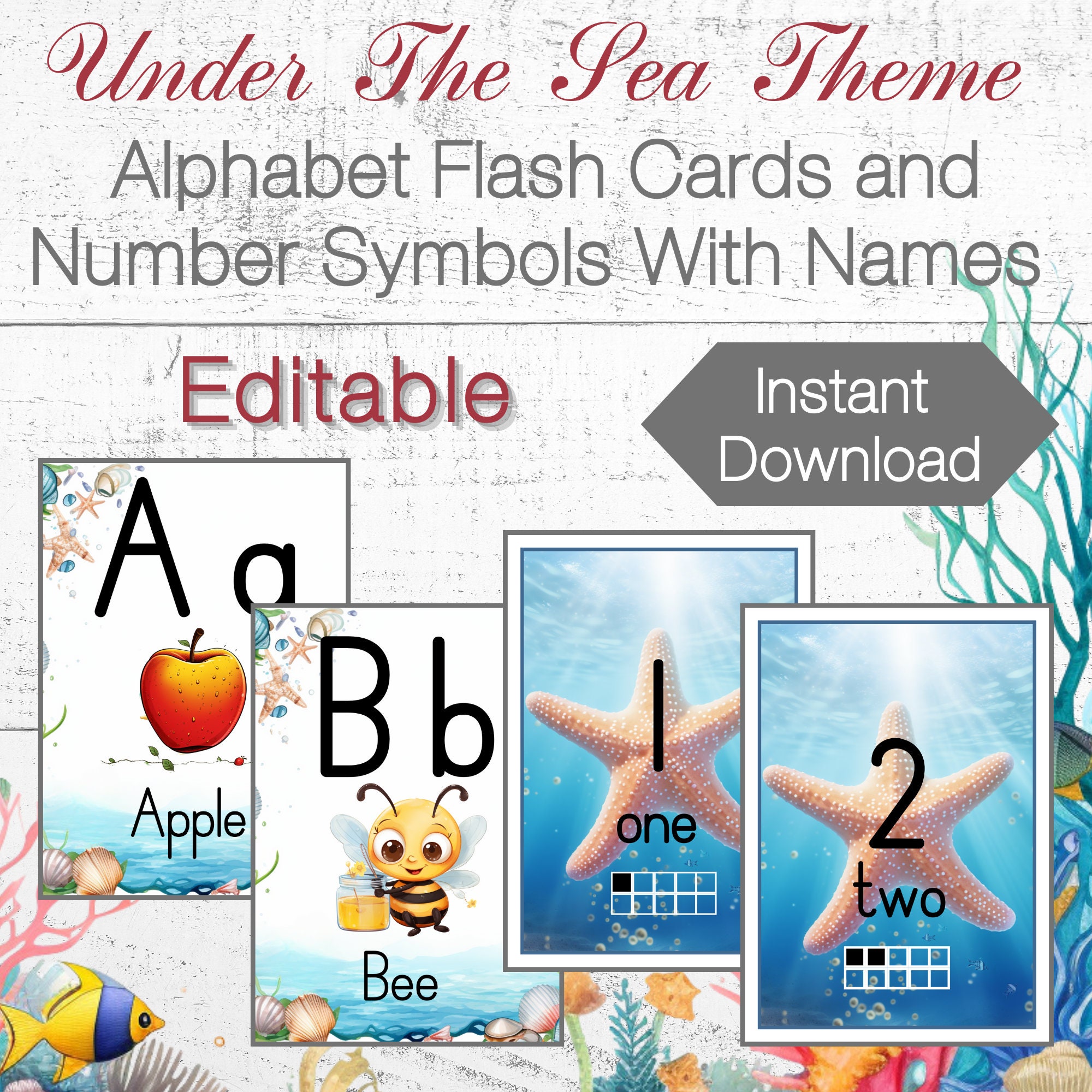 Under the Sea Classroom Theme Alphabet Flash Cards PDF Printable Number ...